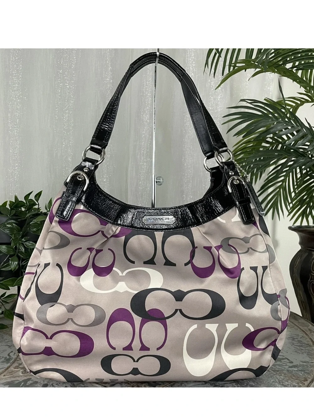 Coach | Bags | Coach Signature Pattern Shoulder Bag In Purple Black ...